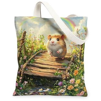 Generic Sac fourre-tout en toile motif hamster printanier pour faire du shopping, 33 x 38,1 cm, sac d&eacute;picerie r&eacute;utilisable pour femme, motif floral, paysage, 