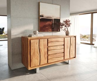 DELIFE Sideboard Live-Edge 147 cm Akazie Natur 3 Sch&uuml;be 2 T&uuml;ren, Sideboards, Baumkantenm&ouml;bel, Massivholzm&ouml;bel, Massivholz