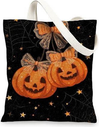 Generic Sacs fourre-tout en toile dHalloween, motif citrouille, sacs dépicerie réutilisables, amusants légers et lavables avec bandoulière pour O, Orange, 13x