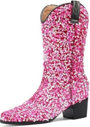 Generic Rose,37 EU,Bottes Hautes à Paillettes en métal pour Femmes, Talons épais, Bottes Hautes, Bottes Longues à Enfiler, Bottes Larges à Mollet, Chaussures 