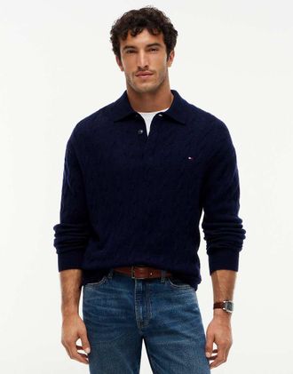 Tommy Hilfiger pull de rugby en maille torsad&eacute;e en pure laine bleu fonc&eacute;