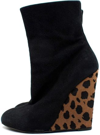 Giuseppe Zanotti Black Suede Wedge Ankle Boots Leopard Print Heel Size 38