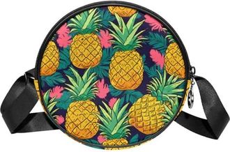 Generic Sac &agrave; bandouli&egrave;re rond rond pour femme, motif ananas tropical, avec fermeture &eacute;clair, bretelles r&eacute;glables, style d&eacute;contract&eacute;