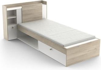Demeyere Lit Modulable 90 x 190/200 Avec Rangement 1 Porte 3 Niches 1 tiroir - Blanc Mat und Ch&ecirc;ne Clair -124,5 x 226,9 x 90,5 cm
