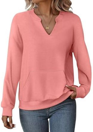Generic Sweat à capuche sans chapeau à col en V avec poches pour femme, manches longues, col en V, pull léger, décontracté, coupe ample, vêtements dautomne (r