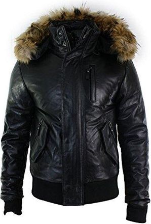 TruClothing Blouson pour Homme Veste matelassée en Cuir véritable Style Doudoune Bomber avec Capuche fourrée - Noir 3XL