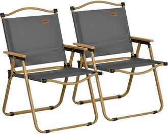 OUTSUNNY Lot de 2 chaises de plage camping pliantes - poign&eacute;e - structure acier aspect bois oxford gris