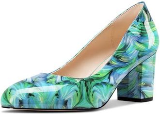 Castamere Femmes Mi Bloc Chunky Talon Heel Fermé Rond Bout Classique Escarpins Slip-on Dress Décontracté Chaussures 6.5 CM Heels Vortex Vert 39 EU