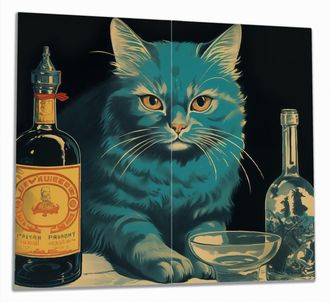 Wallario Herdabdeckplatte/Spritzschutz aus Glas, 2-teilig, 60x52cm mit 13mm hohen Füßen, für Ceran- und Induktionsherde, Absinth trinkende Katze