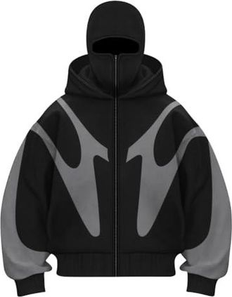 Minetom Sweat À Capuche Homme Sweat Zippé Veste Chaude Hoodie Cagoule Moto Masque Anti-Vent Sweat pour Sports De Plein Automne Hiver C Noir Gris XS