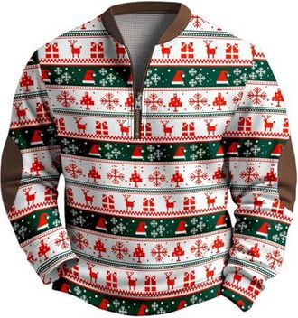 Generic Pull de Noël 2025 à fermeture éclair quart pour homme - Imprimé sapin de Noël Fair Isle - Pull à manches longues - Fermeture éclair 1/4 - Pull de Noël
