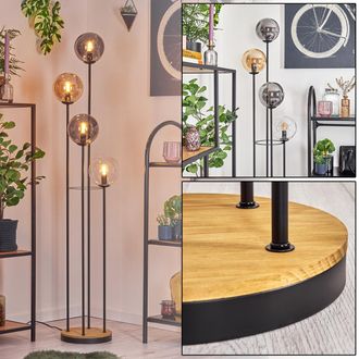 HOFSTEIN Stehleuchte Gastor, Stehlampe aus Metall/Holz/Glas in Schwarz/Dunkelbraun/Bernstein/Klar, Leuchte im Retro/Vintage-Design (Schrime &Oslash; 15cm), Fu&szlig;schalte