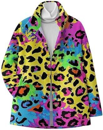 Keephen Leopard 3D Impression Femmes Polaire Veste Automne Hiver Manteaux Flou Flanelle Bouton vers Le Bas Chaud Vêtement extérieur avec Poches