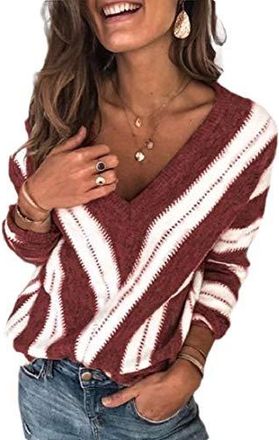 ORANDESIGNE Pulls Femme Ray&eacute; Pull Sexy Tricot&eacute; &agrave; Col en V pour Automne Hiver &Eacute;pissure L&eacute;opard Chandail Haut en Tricot A Vin Rouge L