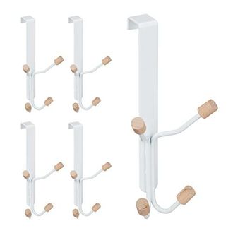 Relaxdays Türhaken 5er Set, skandinavisch, Vierfachhaken Tür, Garderobe Eisen & Holz, HxBxT: 19 x 9 x 8 cm, weiß/natur