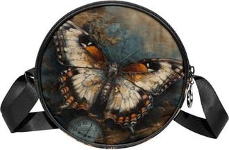 Generic Sac &agrave; bandouli&egrave;re rond pour femme, motif papillon vintage, petit sac &agrave; bandouli&egrave;re avec fermeture &eacute;clair, bretelles r&eacute;glables, sac &agrave; main rond d&eacute;contr