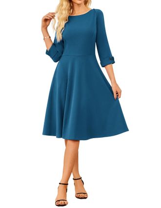 Grace Karin Elegantes Abendkleid Damen 3/4 Ärmel A-Linie Midikleid U-Boot-Ausschnitt Vintage Festkleid Jeansblau L