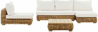 Beliani Lounge Set Nat&uuml;rlich Rattan 4-Sitzer Linksseitig mit Auflagen Cremewei&szlig; Tisch und Lounger Boho Gartenausstattung Terrasse Outdoor