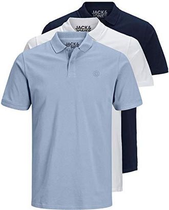 Jack & Jones 12171776 Lot de 3 polos pour homme, coupe slim, manches courtes, Noir/blanc/bleu/gris, XS S M L XL XXL, S