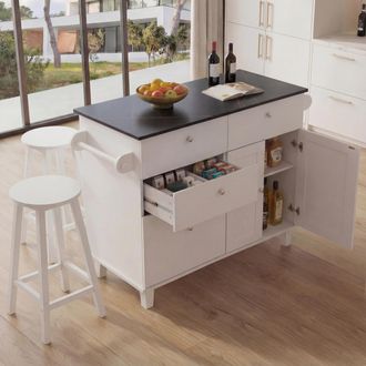 Mendler K&uuml;cheninsel HWC-P62 mit 2 Sitzhockern, K&uuml;chenschrank Schublade Stauf&auml;cher MDF 90x131x47cm - wei&szlig;, Marmor-Optik schwarz