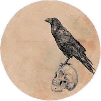 Generic Tapis Rond 180 cm Style Rétro Salon Chambre Rug, Lavable en Machine Kaki Tapis Chambre Enfant, Doux Crâne Oiseau Corbeau Descente de Lit AntidéRapant 