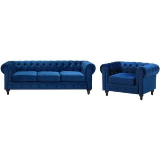 Beliani Sofa Set Marineblau Samtstoff Sizgruppe mit Dicken Sitzkissen Holzbeinen Armlehnen Chesterfield Knopfheftung Glamour&ouml;s Wohnzimmer Ausstattung