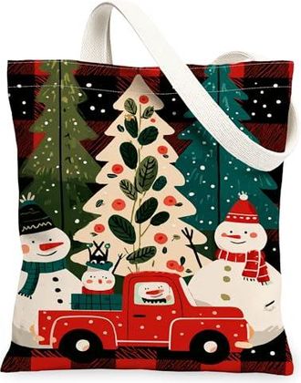 Generic Sac fourre-tout en toile motif bonhomme de neige de No&euml;l, motif vacances dhiver, sacs d&eacute;picerie r&eacute;utilisables, l&eacute;gers et lavables, Rouge, 13x15 Inch