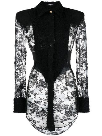Balmain chemise en tweed &agrave; plastron contrastant - Noir