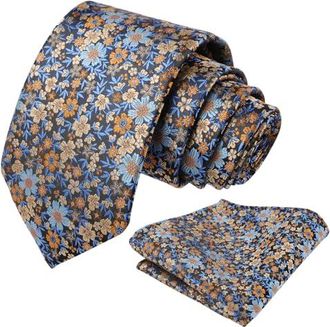 Alizeal Cravate florale pour homme avec poche carrée pour fête de mariage et mouchoir, 129-Bleu + Orange, taille unique