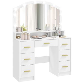 HOMCOM Schminktisch mit LED-Beleuchtung, 3 Lichtfarben, Frisiertisch mit Gro&szlig; Spiegel, 7 Schubladen, 3 F&auml;chern, Kosmetiktisch f&uuml;r Schlafzimmer, Wei&szlig;