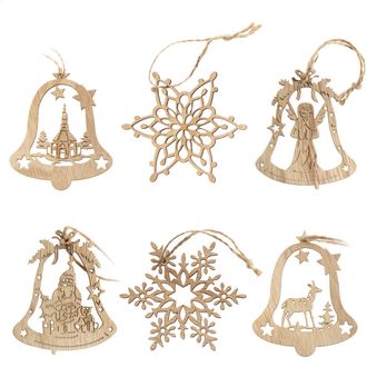 Com-Four 6X Tannenbaumschmuck Holz-Anhänger Set - Weihnachtsbaumschmuck zum Dekorieren - Christbaumschmuck in Glockenform und im Schneeflocken-Design