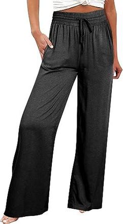 Generic Pantalon Palazzo &agrave; jambe large pour femme - Taille haute - Cordon de serrage - Taille &eacute;lastique - Avec poches - Coupe ample d&eacute;contract&eacute;e - Pour l&eacute;t&eacute;, 