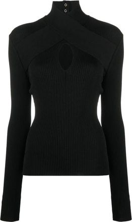 Msgm Msgm, Femme, Pulls, Noir, Taille: 42 FR Haut &agrave; Manches Longues Col Montant avec D&eacute;coupe et Maille C&ocirc;tel&eacute;e