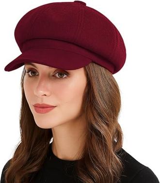 Insun Beret en Laine pour Femme, Casquette Gavroche 8 Panneaux Automne Hiver Rouge vin