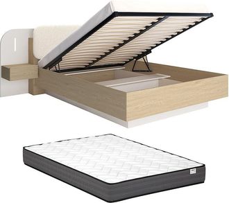 Vente-Unique Bettkasten mit Nachttischen 160 x 200 cm - Mit LEDs - Beige und Naturholz + Matratze - LYORIMA