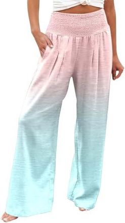 Generic Pantalon en coton et lin pour femme - Jambe large - Pantalon de plage d&eacute;t&eacute; confortable - Pantalon de yoga Palazzo - XIYU26092, rose clair, XXL