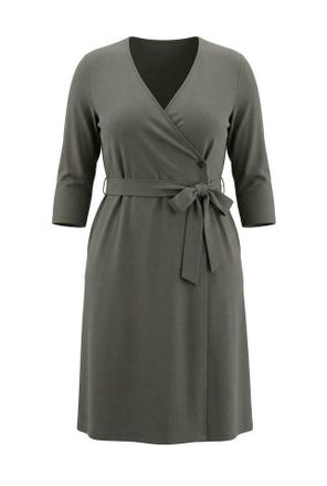 Ulla Popken Maxikleid Wickelkleid A-Linie V-Ausschnitt 3/4-Arm Taschen
