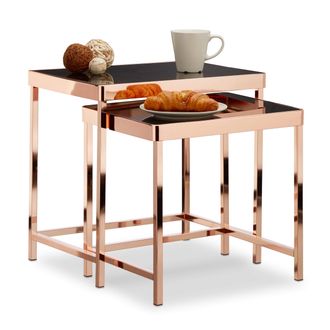 Relaxdays Beistelltisch COPPER 2er Set, Glastisch mit Spiegelglas schwarz, 2 kleine Satztische, Dekotisch modern, Kupfer