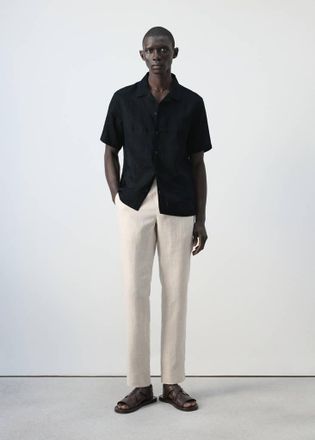 Mango Chemise 100 % lin col bowling bleu marine - Homme - XL - MANGO MAN