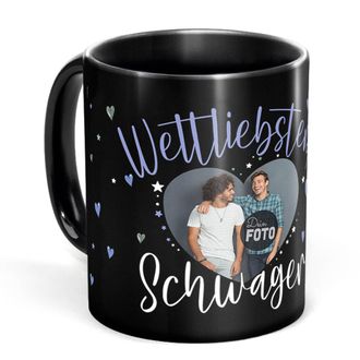 Tassendruck Schwarze Tasse mit Spruch f&uuml;r den weltliebsten Schwager - Tasse mit Foto selbst gestalten - Geschenk f&uuml;r Schwager, Fotogeschenk Familie | Schwarze Fot
