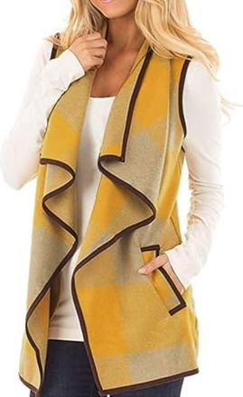 Generic 2026 Vestes &agrave; carreaux pour femmes, gilet d&eacute;contract&eacute; &agrave; revers ouvert sur le devant, cardigan sans manches, manteau avec poches, jaune, 3XL