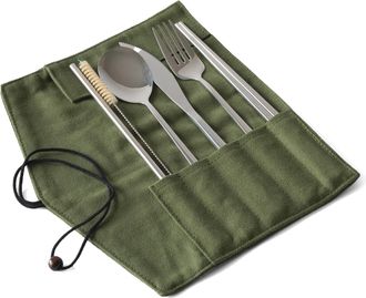 Eco Brotbox | ECO Besteckset Outdoor | Besteck aus Edelstahl | Baumwolltasche (Grün)