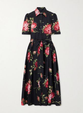 Dolce & Gabbana Robe Midi En Popeline De Coton À Imprimé Fleuri, Fronces Et Ceinture - Noir