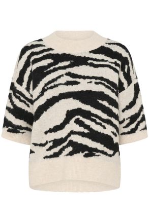 Kaffe Damen Womens Crew Neck Half Sleeves Print Casual Fit Rib Edges Pullover, Turtledove/Black Animal, XL