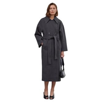 Estro & Luminara Langer zweireihiger Wollmantel mit Bindeg&uuml;rtel - - Coats - Damen - Grau - XS