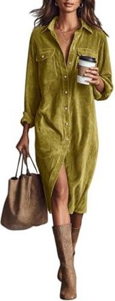 Generic Robe chemise midi boutonnée en velours côtelé pour femme, col en V, manches longues, coupe ample, avec poches, jaune, XXL