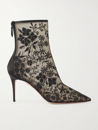 Aquazzura Mon Amour 85 Ankle Boots Aus Mesh Mit Satinbes&auml;tzen Und Zierperlen - Schwarz