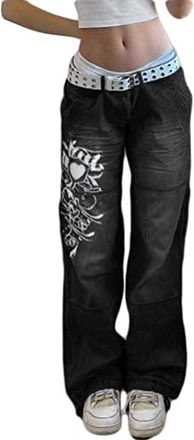 Minetom Femme Pantalon Jeans avec Poches Vintage Casual Straight Fit Boyfriend Cargo Ample Denim Pantalon Streetwear F Noir M