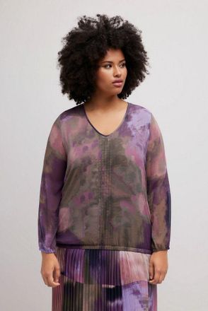 Ulla Popken Longbluse Bluse Chiffon V-Ausschnitt Gummisaum Langarm