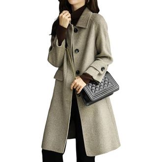 Generic Manteau dhiver long en tweed &agrave; simple boutonnage pour femme, grande taille, v&ecirc;tements dext&eacute;rieur avec poches, kaki, XXL